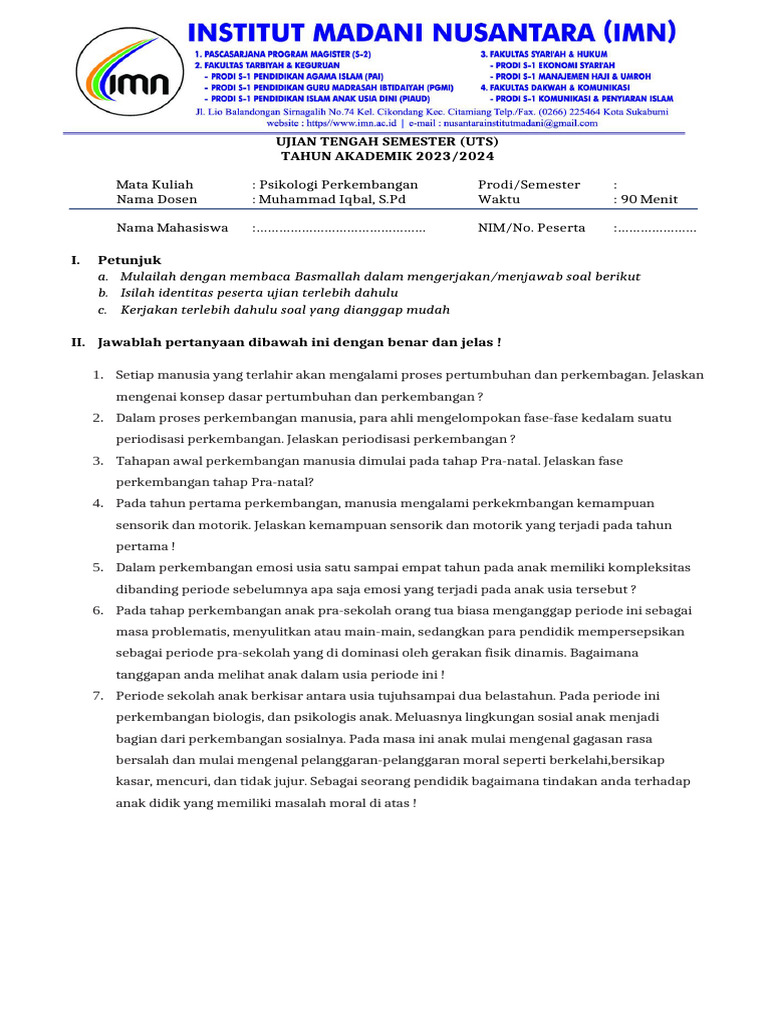 Soal UTS Psikologi Perkembangan | PDF