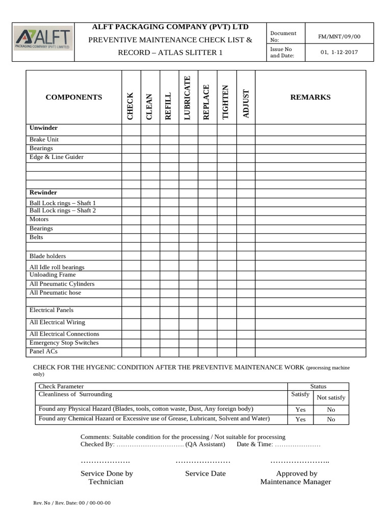 Check List & Record - Atlas Slitter 1 | PDF | Bearing (Mechanical) | Machines