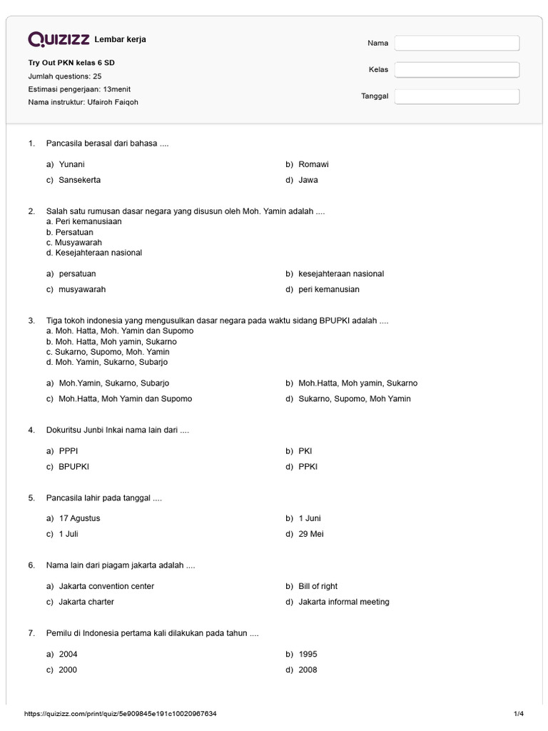 Try Out PKN Kelas 6 SD - Quizizz | PDF