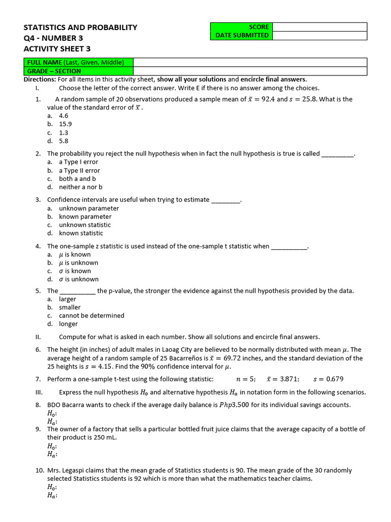 Q4-ACTIVITY-SHEET-WEEK 3 | PDF | Statistics | Null Hypothesis