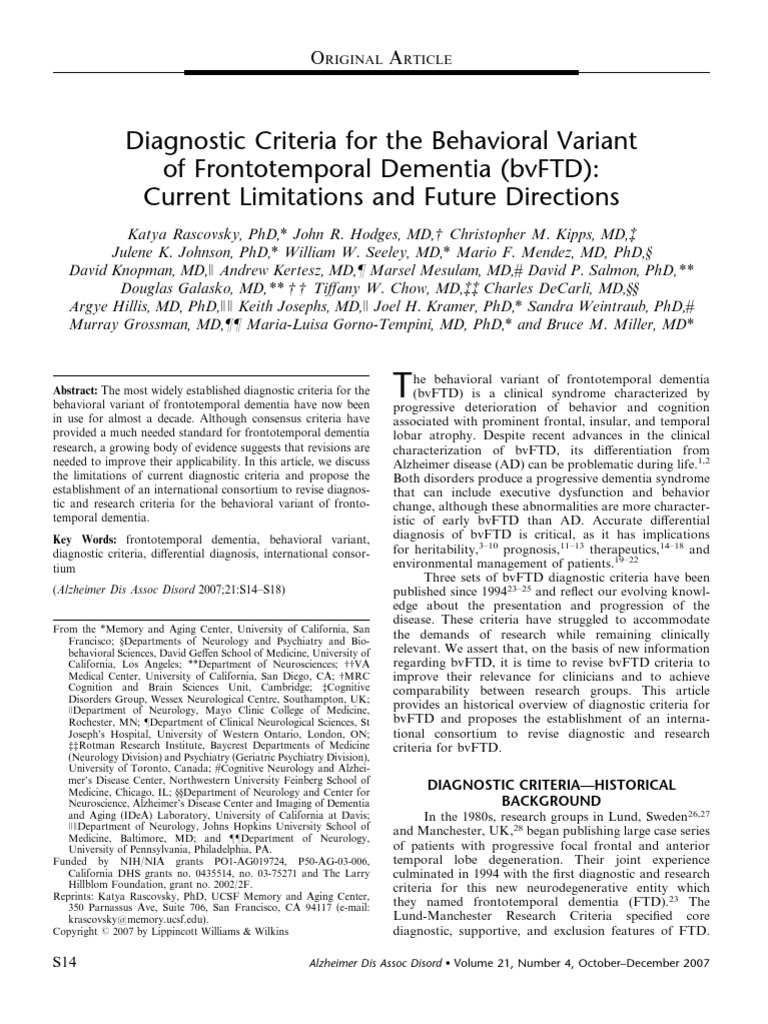 Diagnostic Criteria For The Behavioral Variant FTD | PDF | Dementia ...
