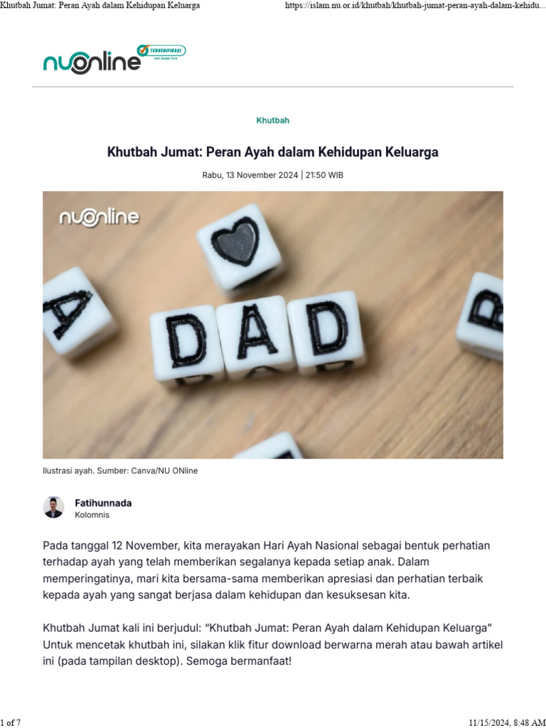 Khutbah Jumat - Peran Ayah Dalam Kehidupan Keluarga | PDF