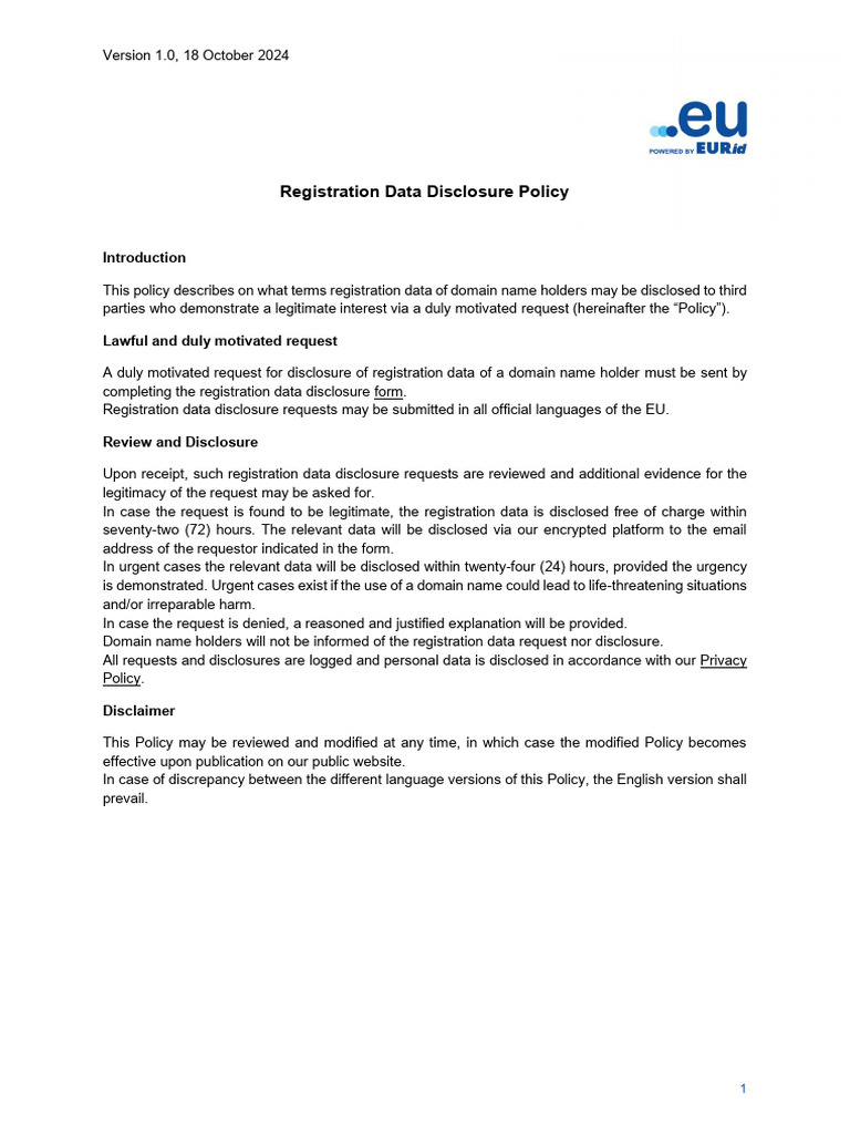 Registration Data Disclosure Policy - EN | PDF