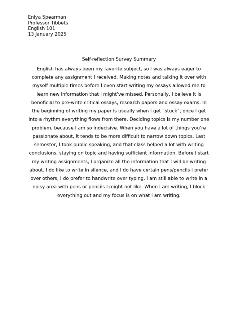Self-Reflection Survey Summary | PDF