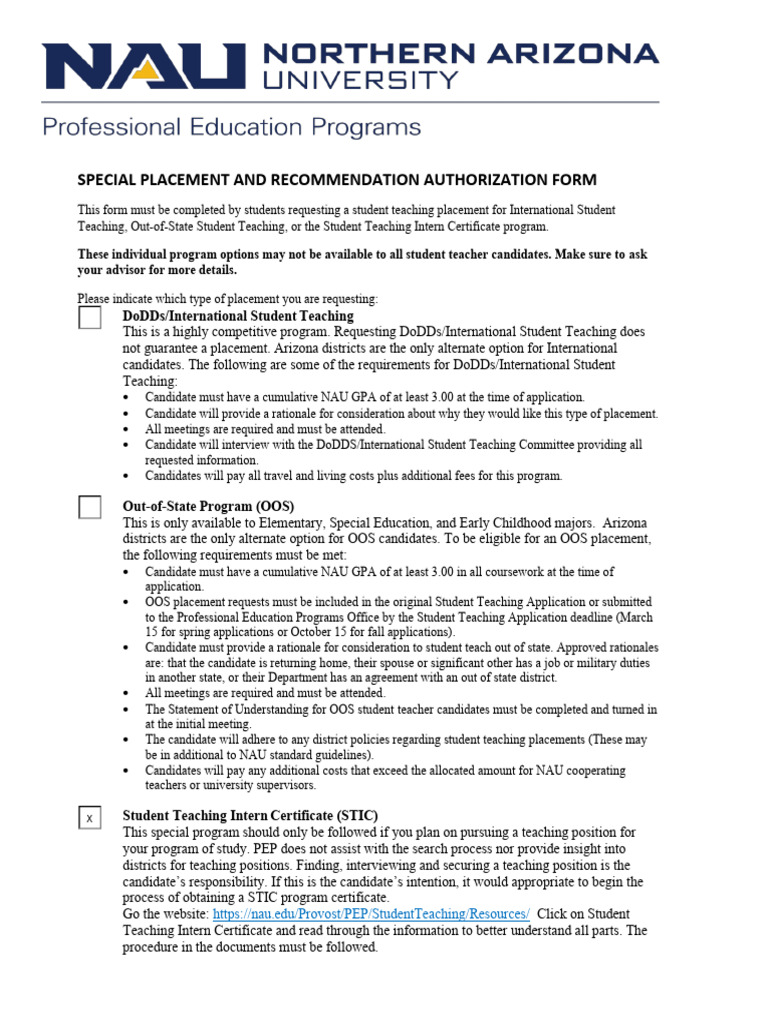Special Plcmt Authorization Form 1 | PDF
