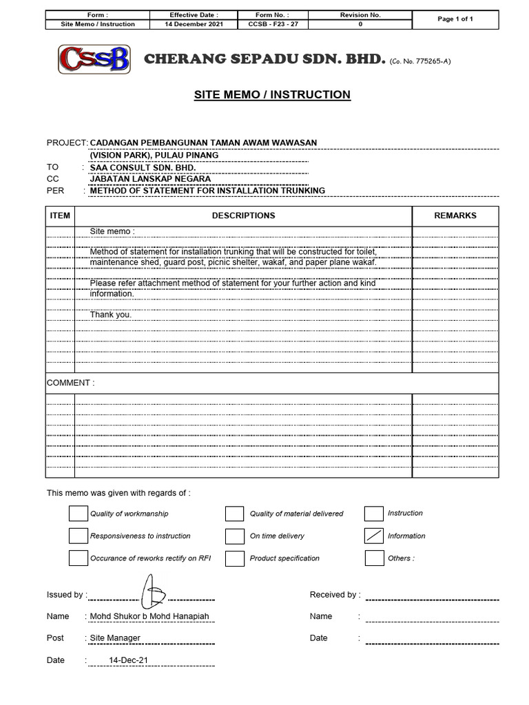 Memo 27 - Method of Statement For Installation Trunking | PDF