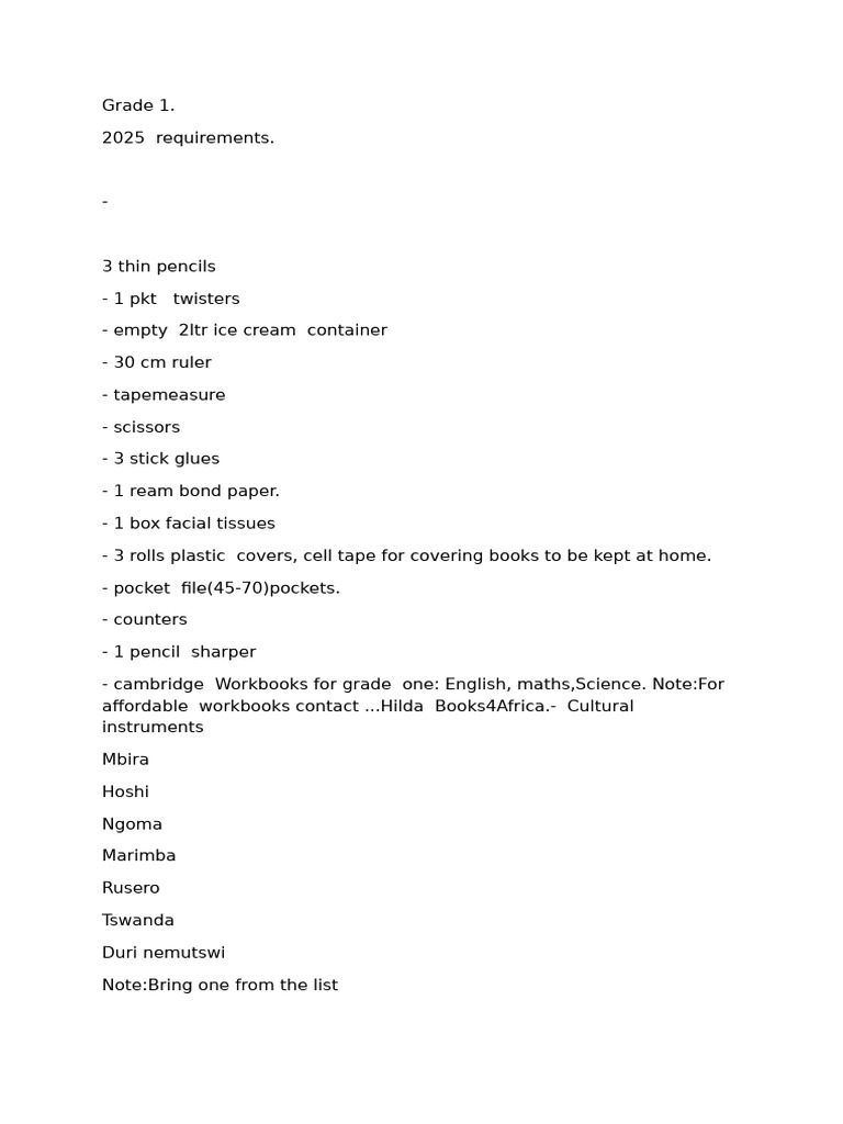 Grade 1 Supplies and Instruments List | PDF