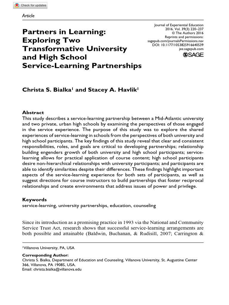 Bialka Havlik 2016 Partners in Learning Exploring Two Transformative University and High School ...