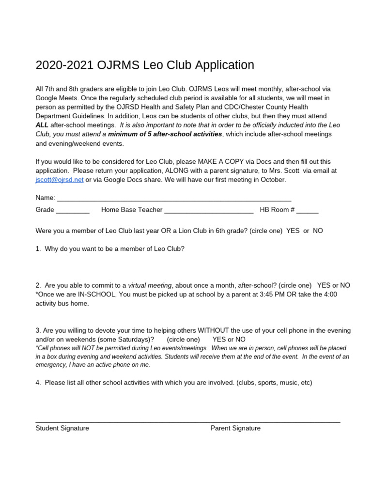 OJRMS Leo Club Application 2020-2021 | PDF