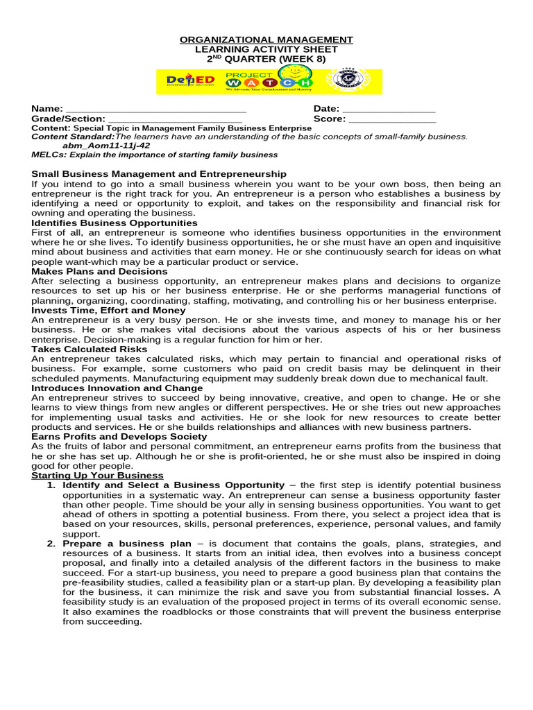 Organizational Management week 8 | PDF | Entrepreneurship | Feasibility Study