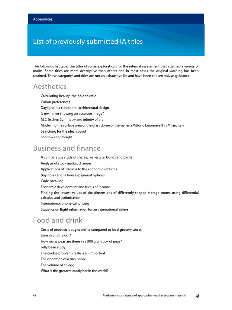 Mathematics - Analysis and Approaches IA Support Guide (Topic Ideas ...