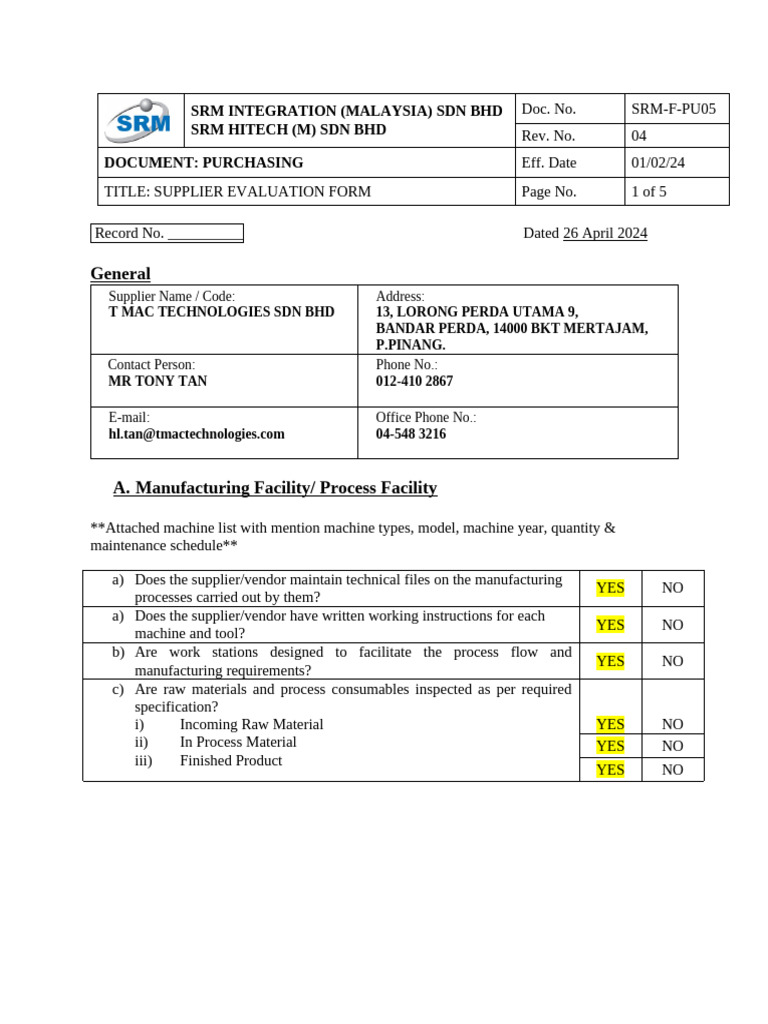 SRM-F- PU05 Supplier Evaluation Form (Rev 04) | PDF | Occupational Safety And Health | Business