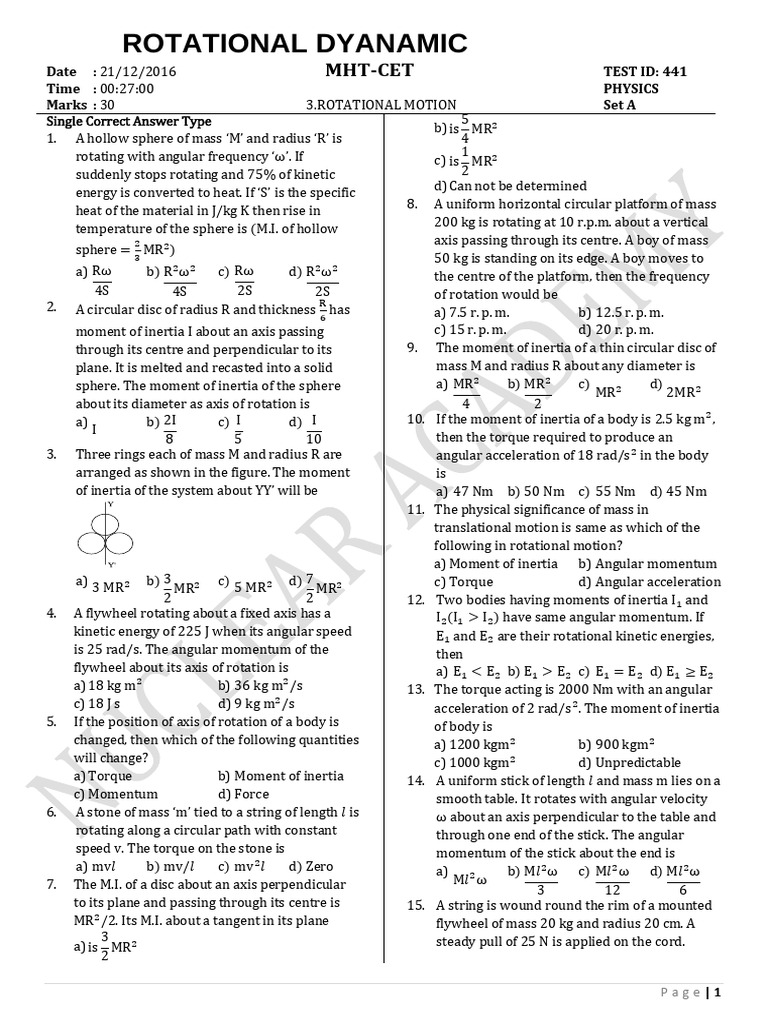 Rotational Motion (Set A) | PDF | Rotation Around A Fixed Axis | Torque