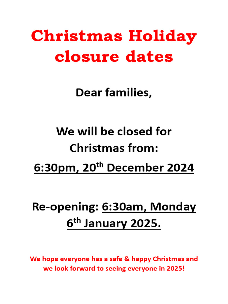 Christmas Holiday Closure Dates | PDF