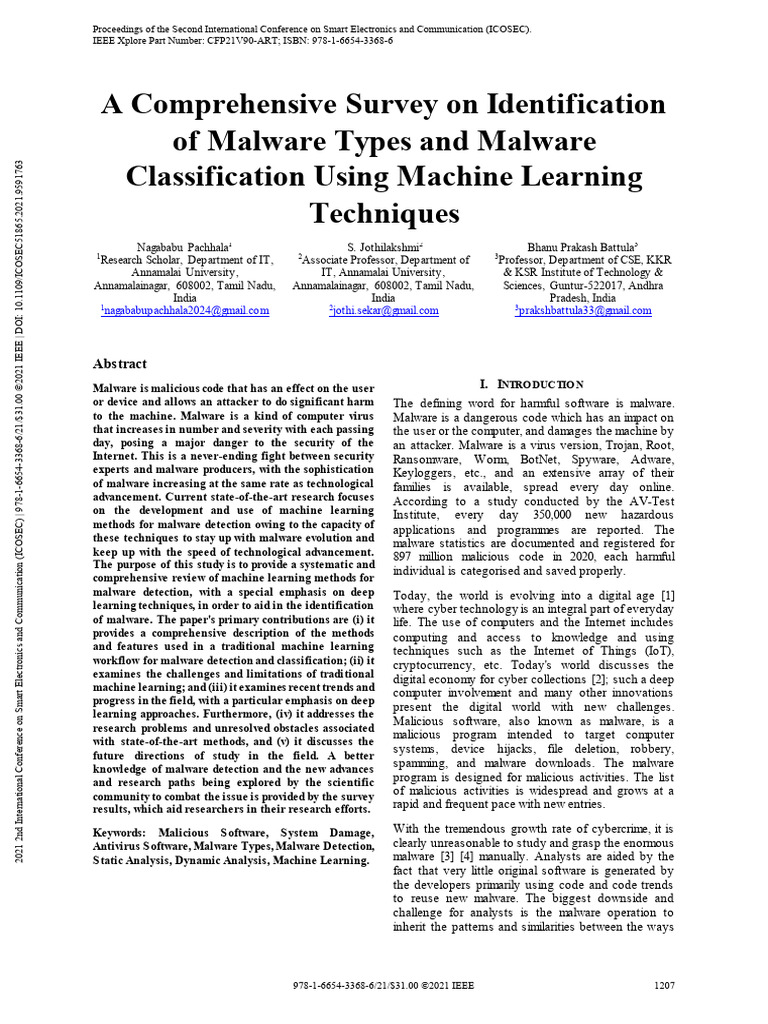 A Comprehensive Survey on Identification of Malware Types and Malware Classification Using ...