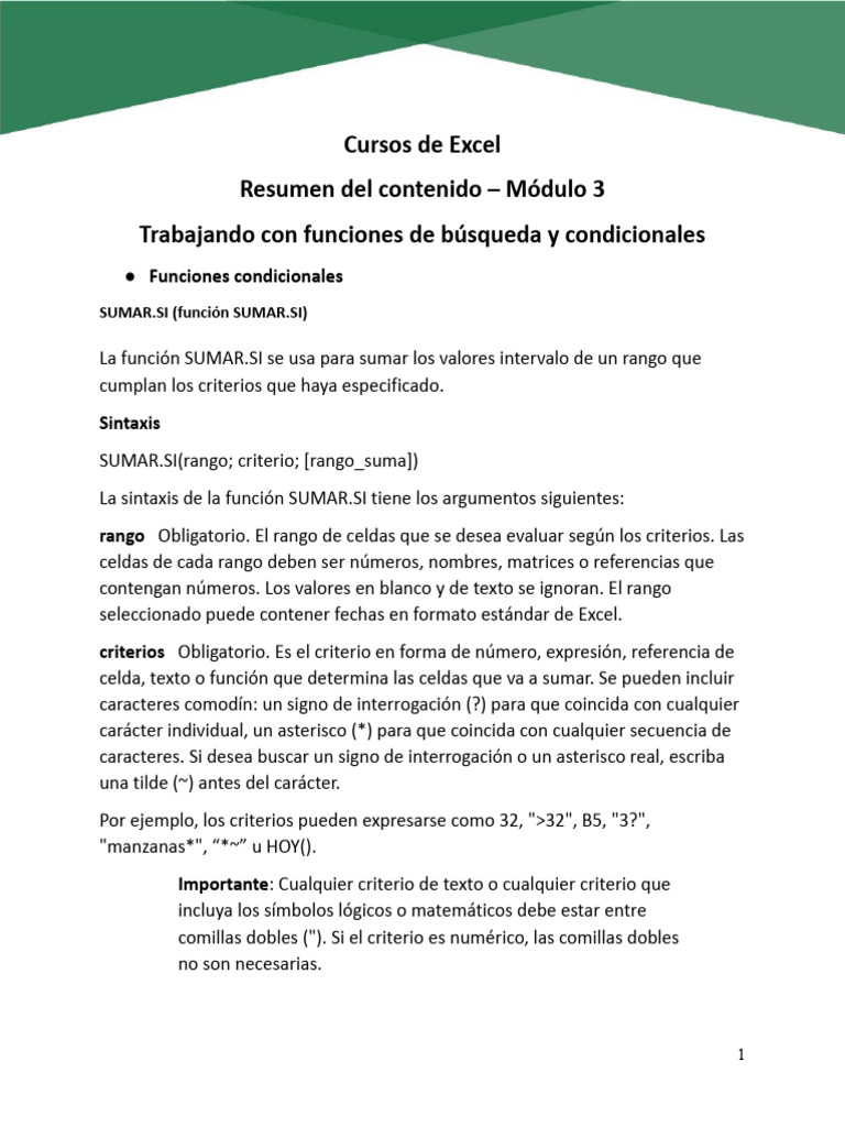 Resumen de Contenido-Módulo 3 - Excel365 Intermedio | PDF | Función (Matemáticas)