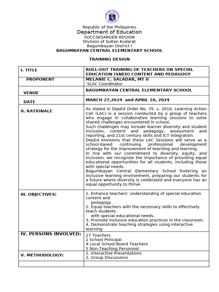 TRAINING DESIGN FOR SLAC Final | PDF | Teachers | Learning