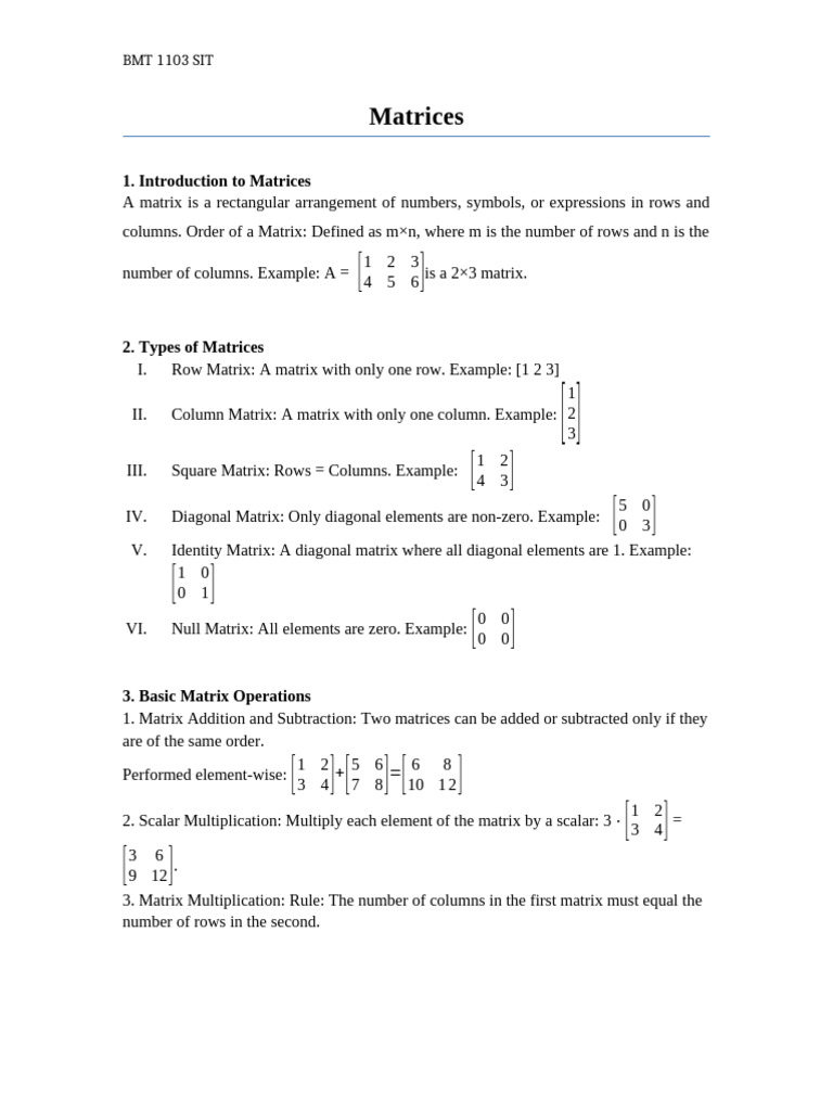 Matrix - Algebra - Handout - 1st Lectrure | PDF