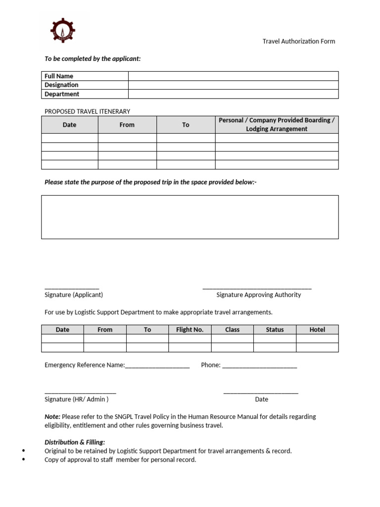 Travel Authorization Form Template | PDF