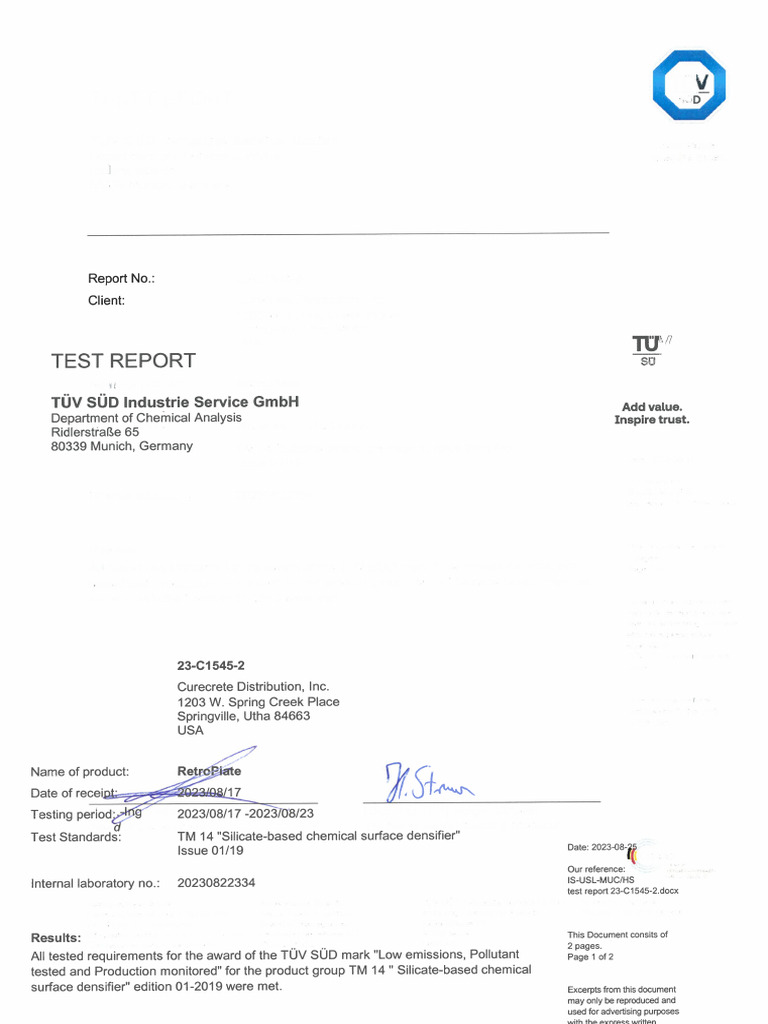 RetroPlate TUV SUD TM14 Testing Report | PDF
