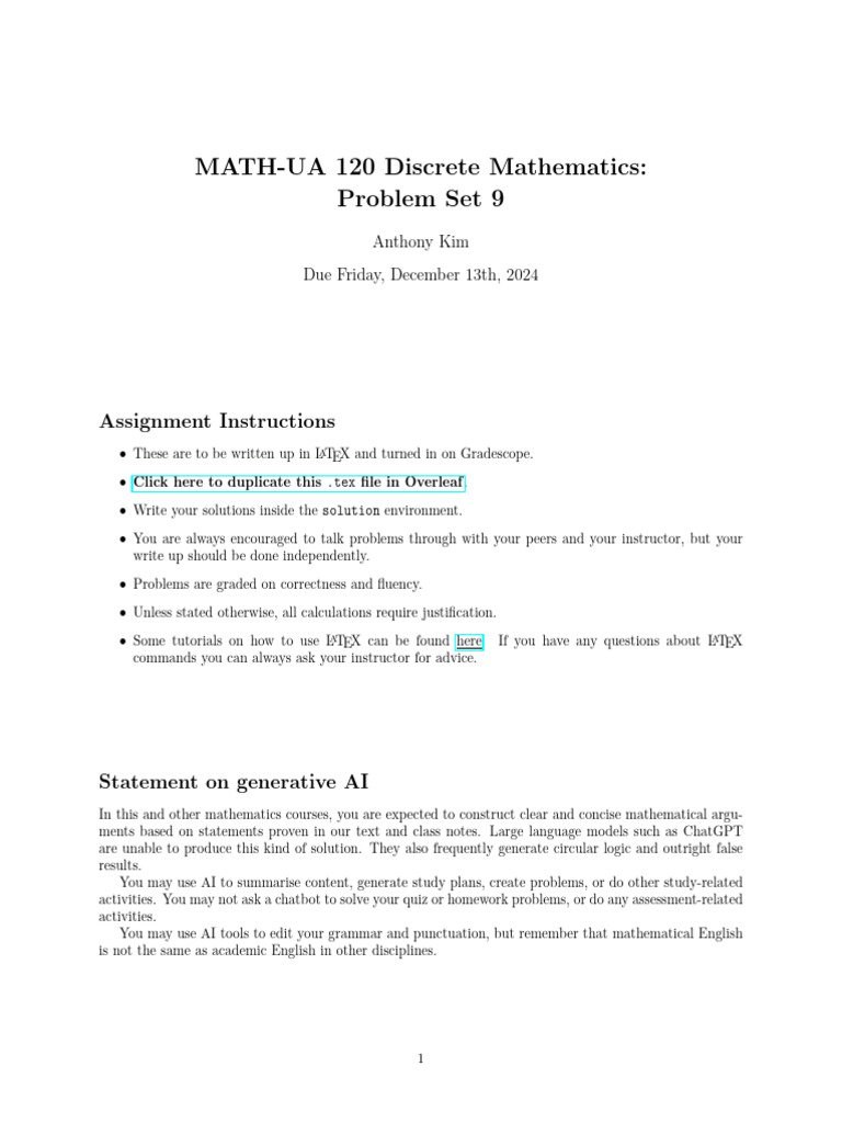 MATH UA 120 Discrete Mathematics Problem Set 9 | PDF | Vertex (Graph Theory) | Graph Theory