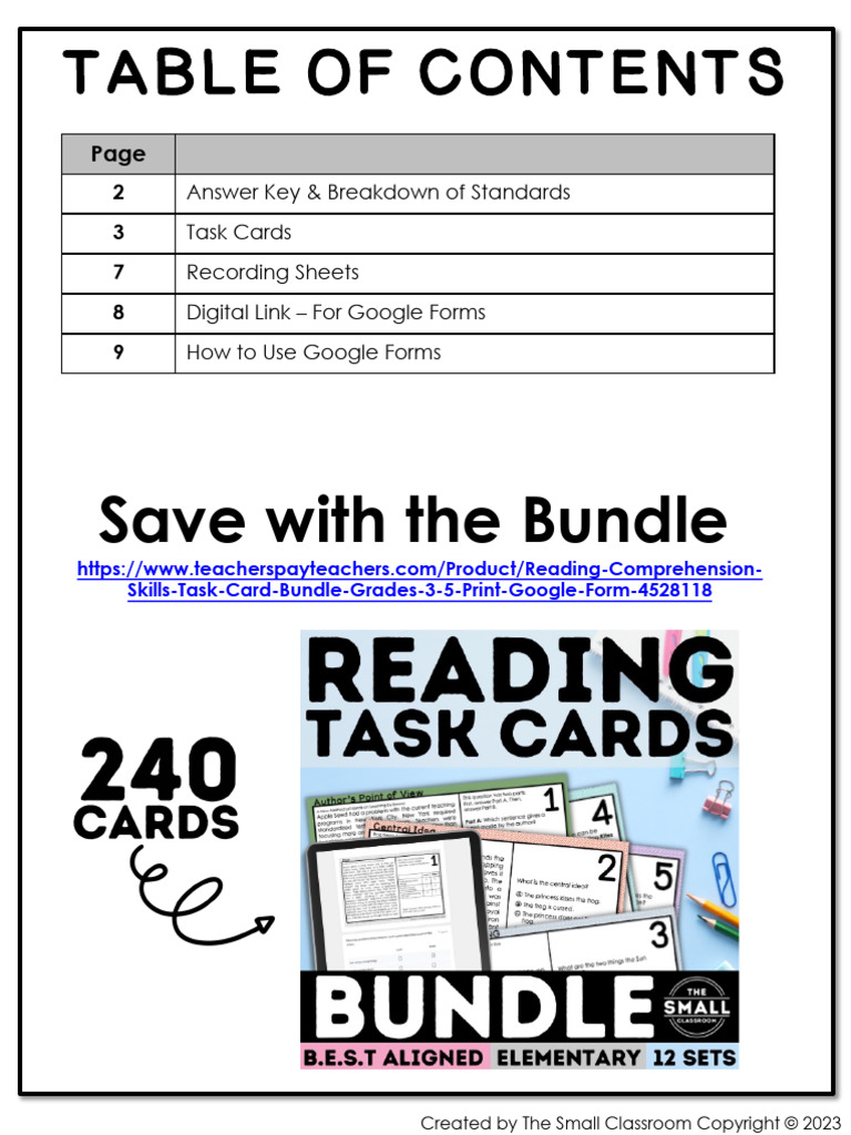 Reading Comprehension Task Card | PDF