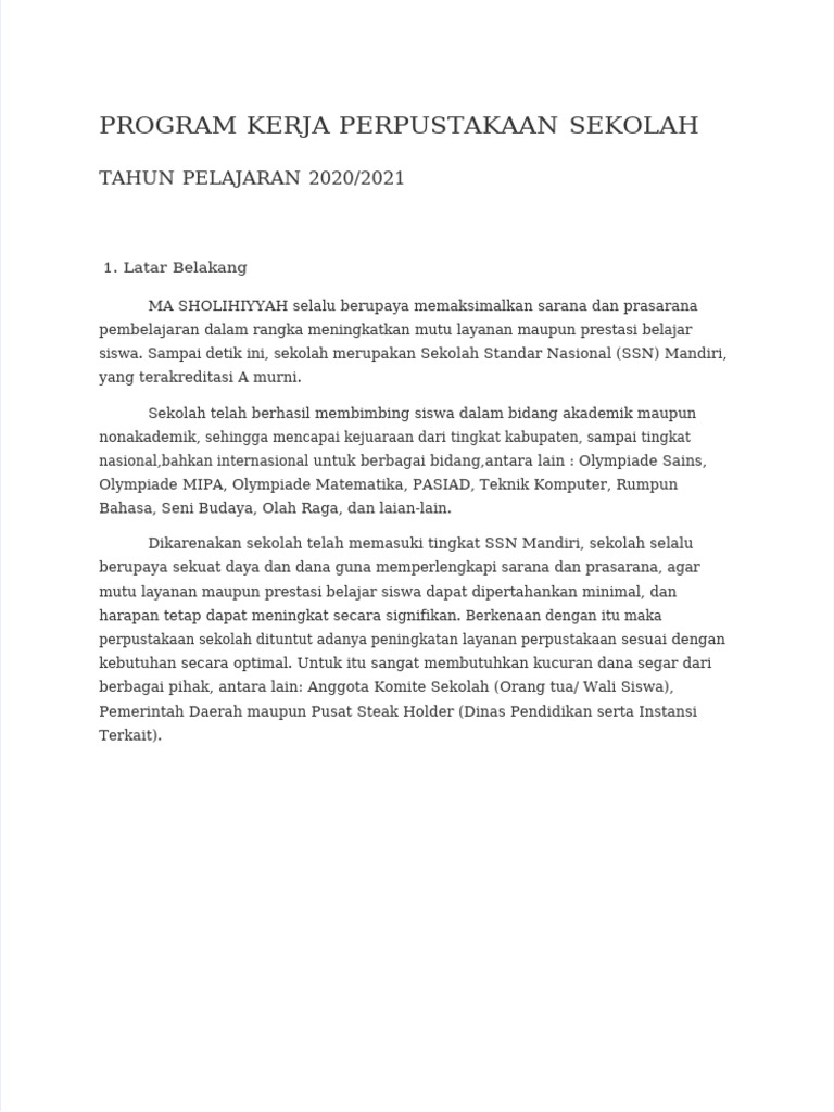 Program Kerja Perpustakaan Sekolah: TAHUN PELAJARAN 2020/2021 | PDF