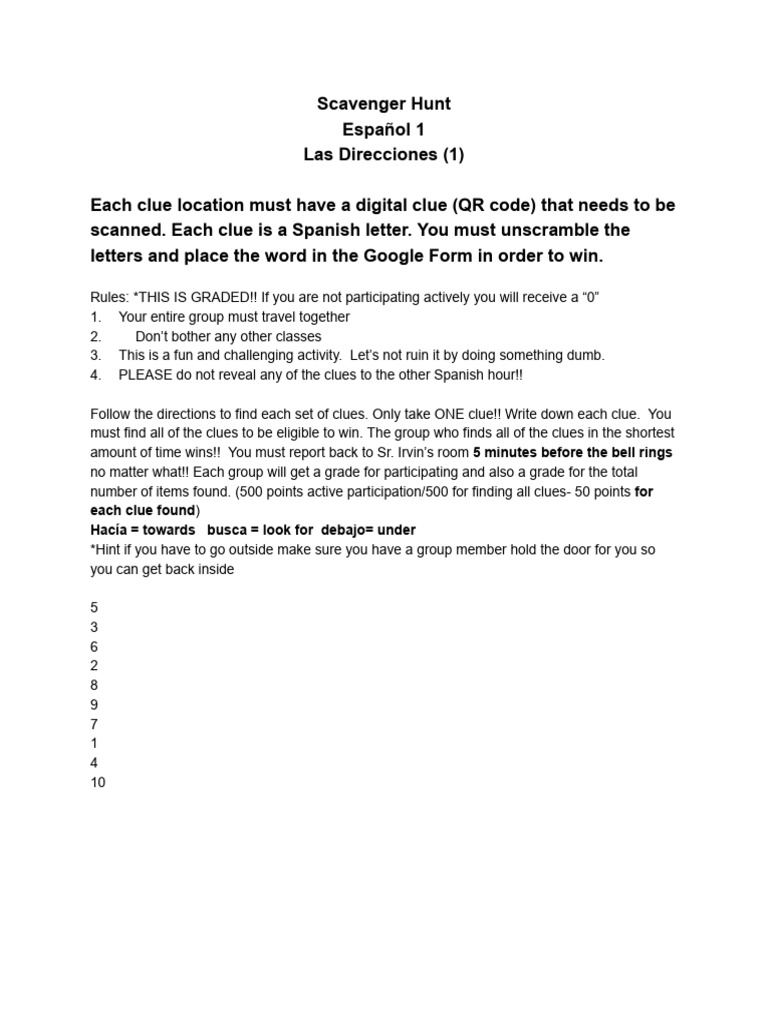 Spanish Scavenger Hunt Instructions | PDF | Outdoor Recreation | Gaming