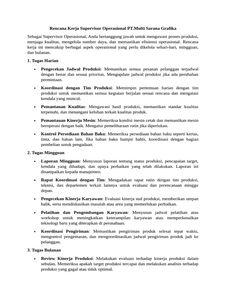 Rencana Kerja Supervisor Operasional | PDF