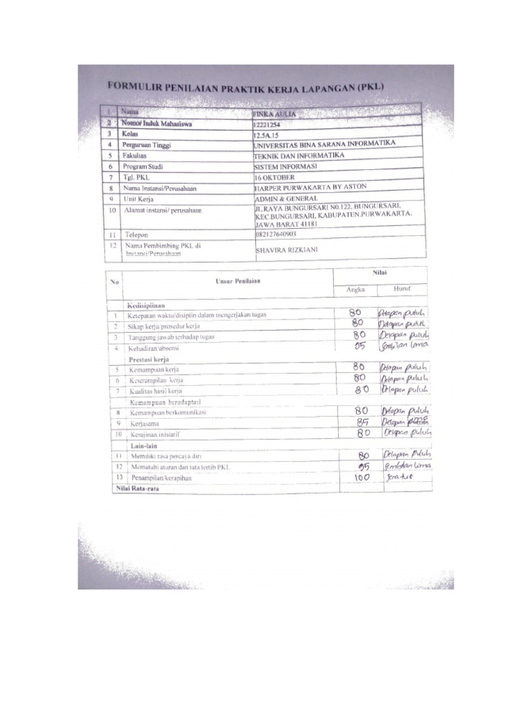 Laporan Penilaian PKL (Finka Aulia) | PDF