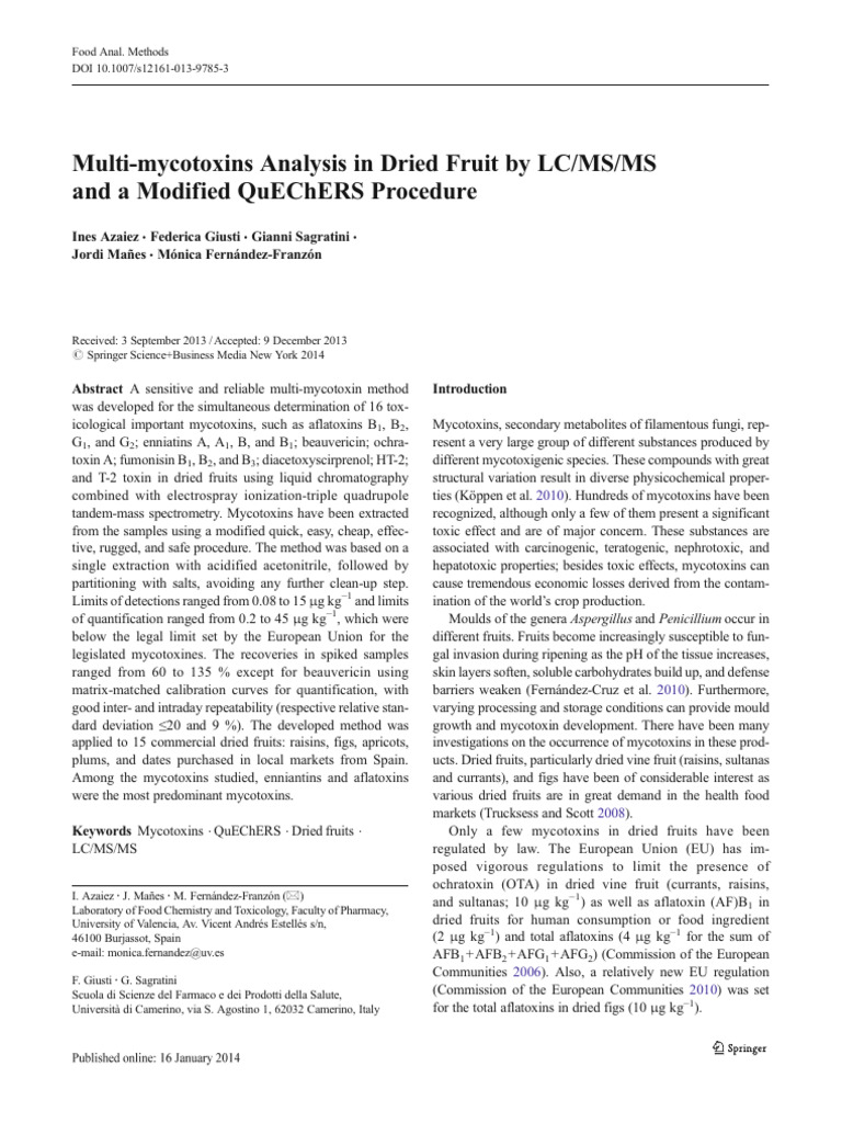 Multi Mycotoxins Analysis in Dried Fruit | PDF | Liquid Chromatography–Mass Spectrometry | Mycotoxin