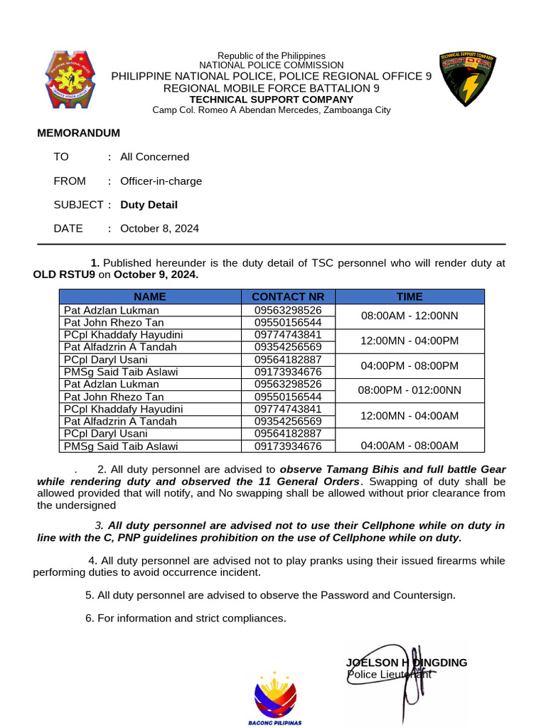 Duty Detail for TSC Personnel - Oct 2024 | PDF | Government | Law ...