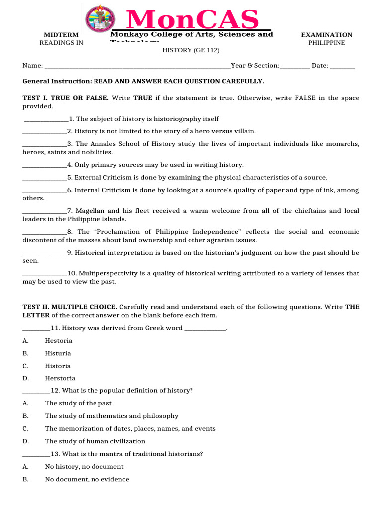 Midterm TQ - RPH (Final) | PDF | Philippines | Historiography