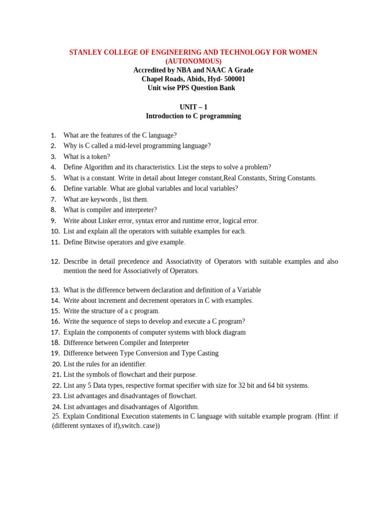 Pps Ques Bank All Units | PDF | Pointer (Computer Programming) | Computer Program