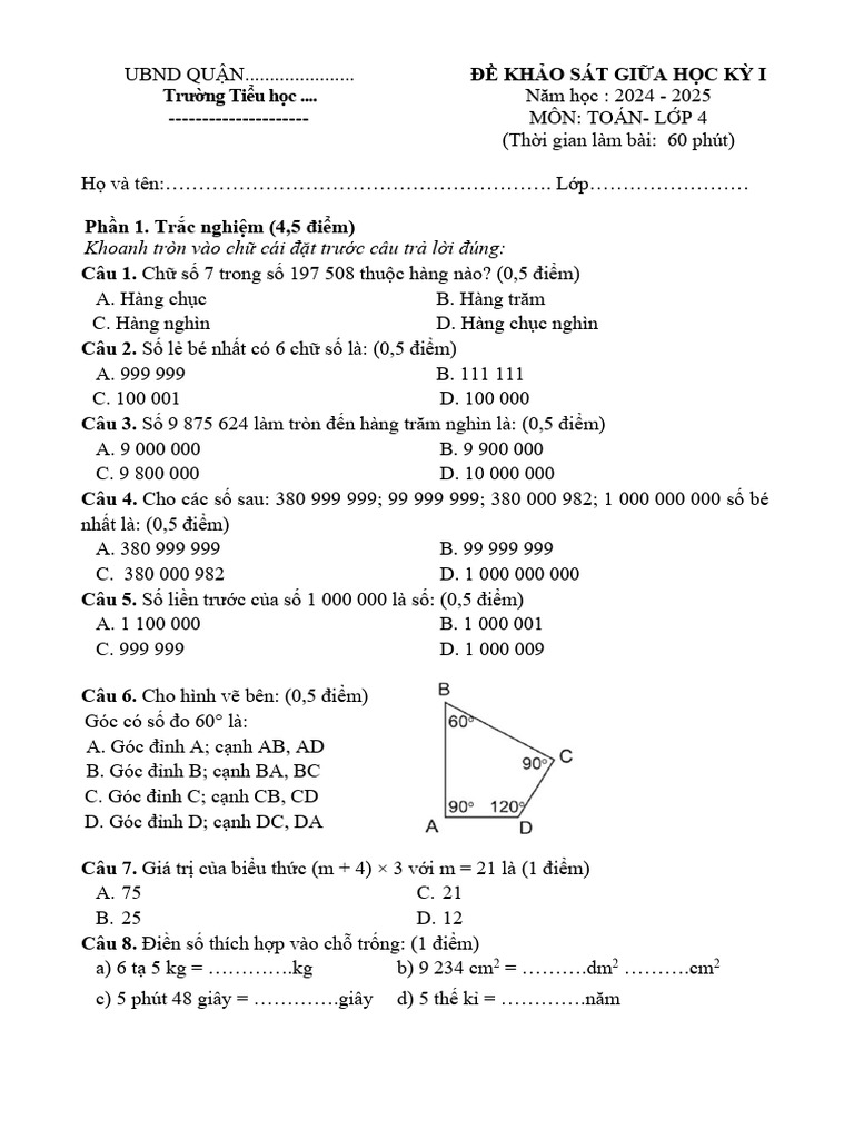 4a6 Đề KT GK1 - Toán+tv | PDF