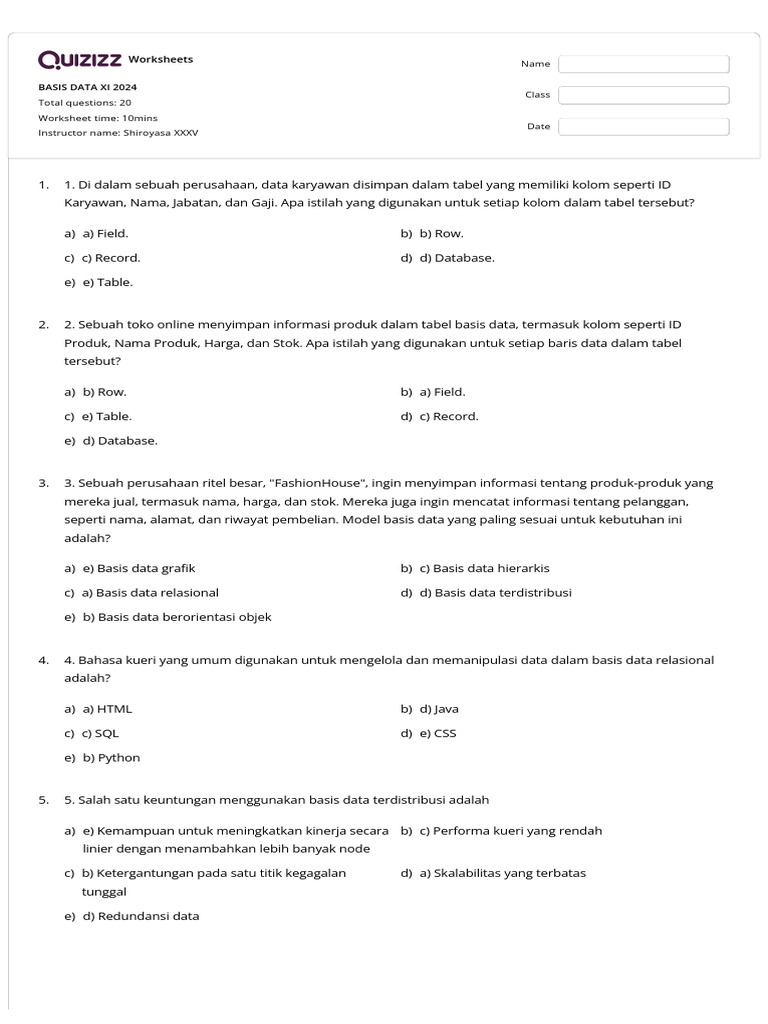 BASIS DATA XI 2024 - Quizizz | PDF
