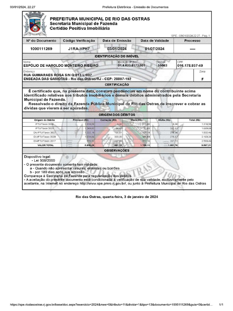 Certidão positivo Imobiliária L7 Q13 | PDF
