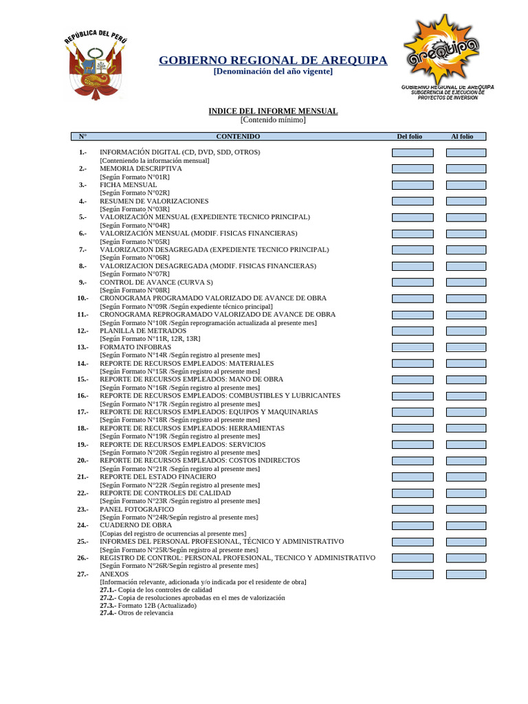 _ FORMATO 00R (INDICE INFORME MENSUAL) | PDF