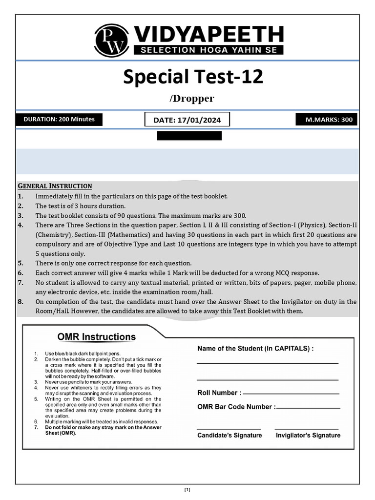 Special Test-12 XII Dropper JEE PCM Test Paper 17-01-2024 | PDF ...