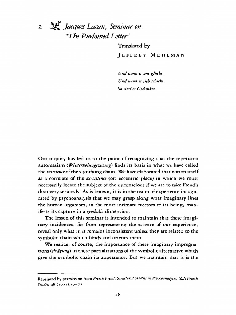 Lacan's Seminar on The Purloined Letter | PDF