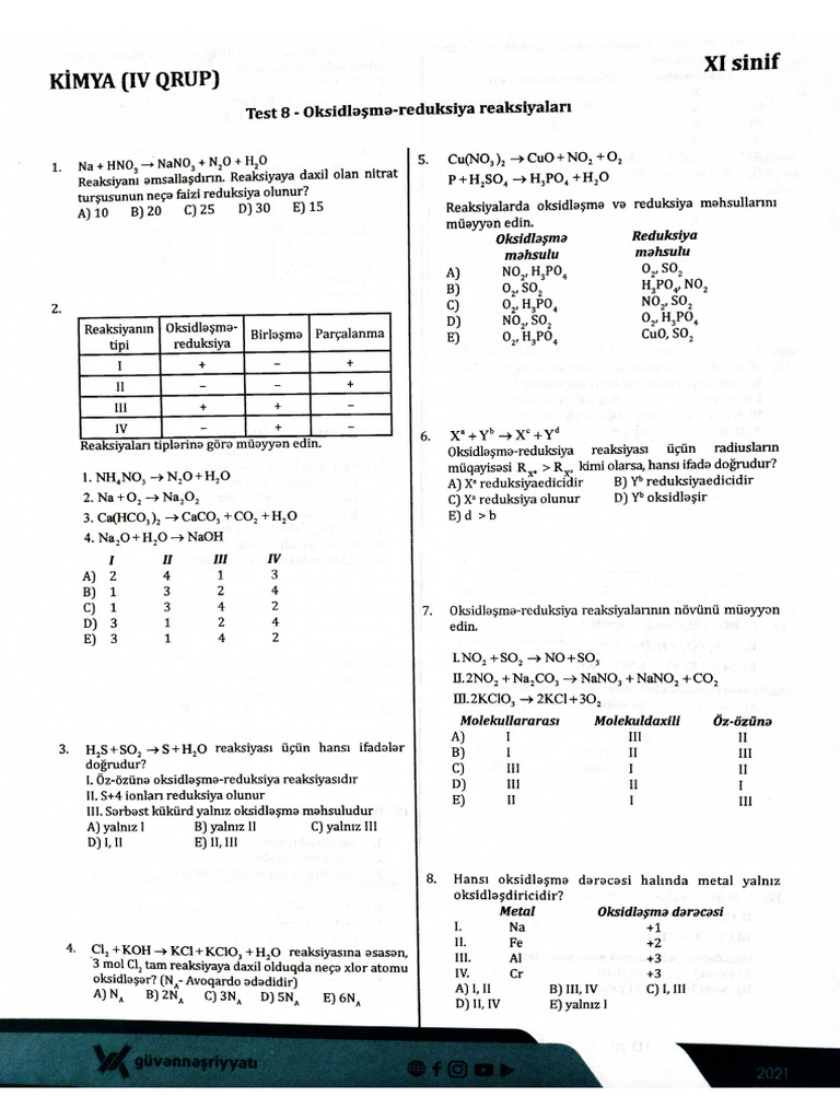 4-Cü Qrup. Quiz 8. Oksidləşmə-Reduksiya Reaksiyaları. | PDF