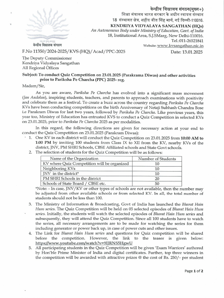 To conduct Quiz Competition on 23.01.2025 (Parakrama Diwas) and other activities prior to ...