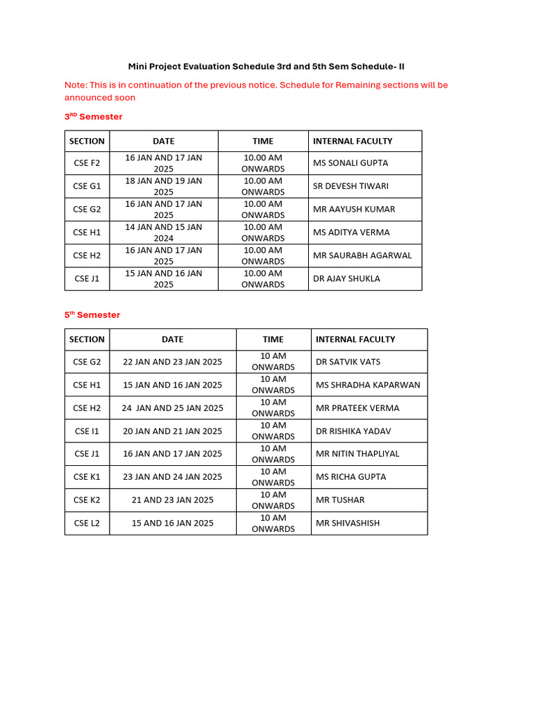 Mini Project Evaluation Schedule 3rd and 5th Sem Schedule II | PDF