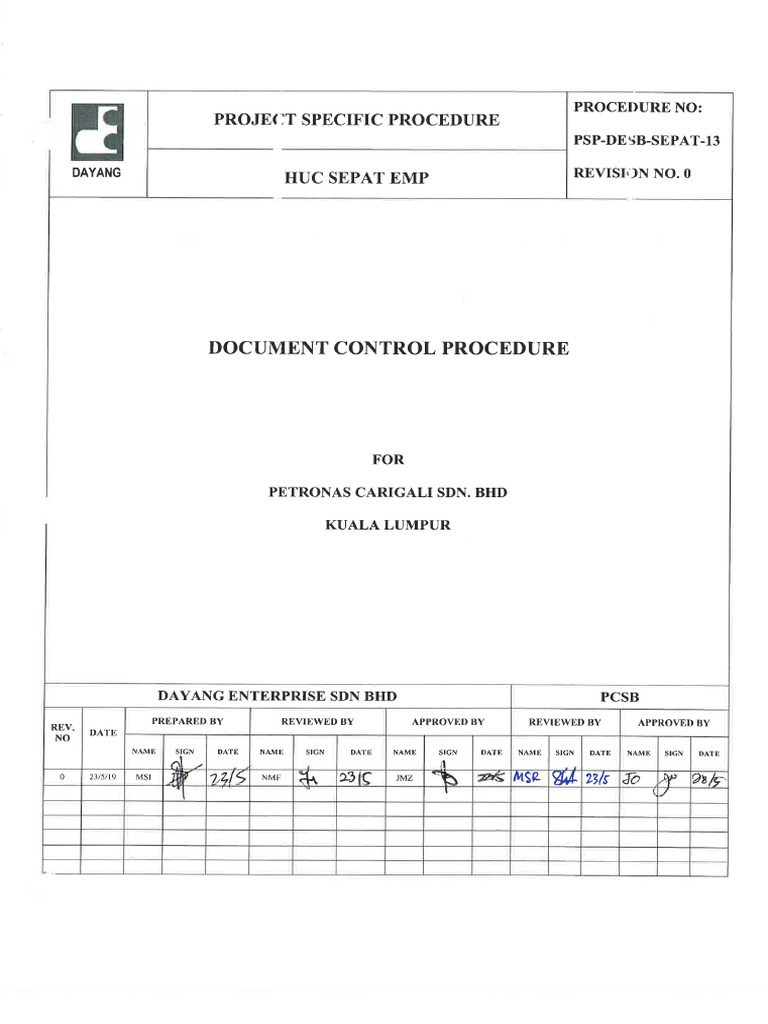 PSP Desb Sepat 13 Doc Control Procedure Rev 0 Approved | PDF
