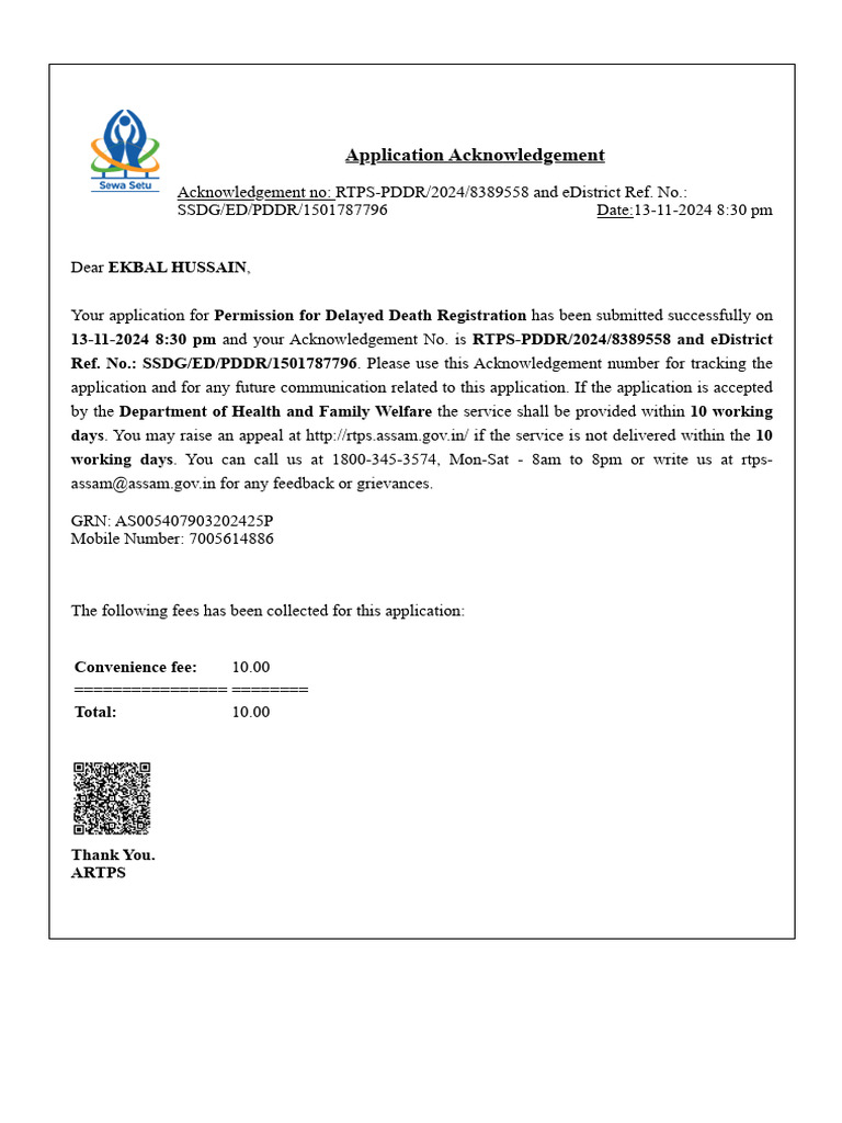 Delayed Death Registration Acknowledgement | PDF