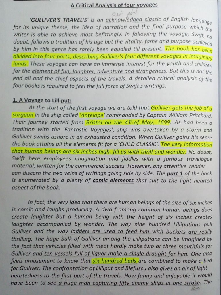 Gullivers Travels (Critical Analysis Part-1) | PDF