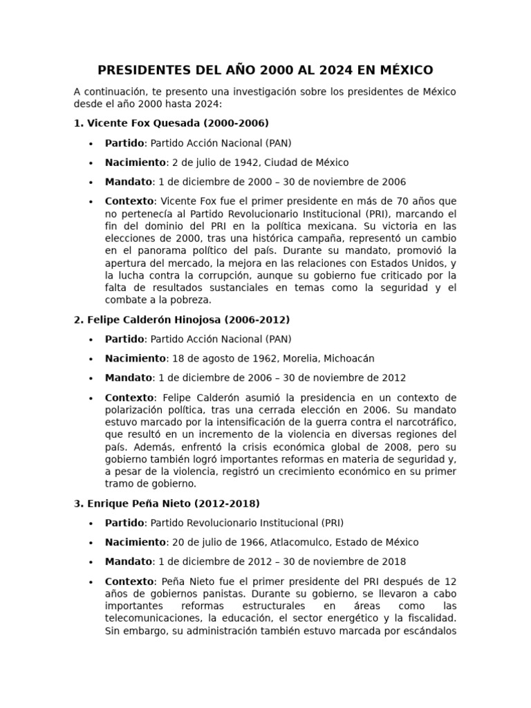 Presidentes de México: 2000-2024 | PDF | Partido Revolucionario ...