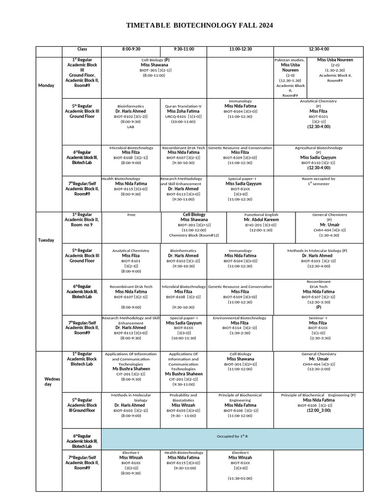 Fall 2024 Biotech Timetable | PDF | Biotechnology | Biology