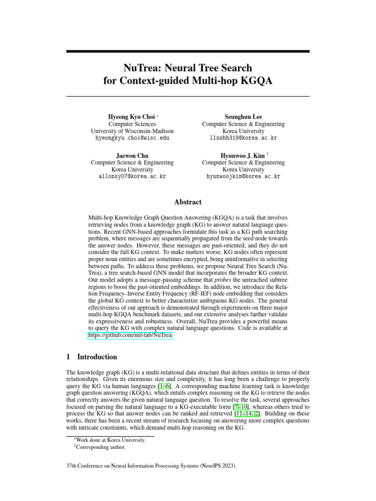NuTrea - Neural Tree Search for Context guided Multi-hop KGQA 2023 | PDF