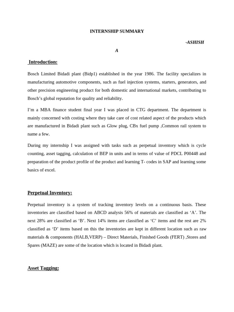 MBA Finance Internship at Bosch | PDF